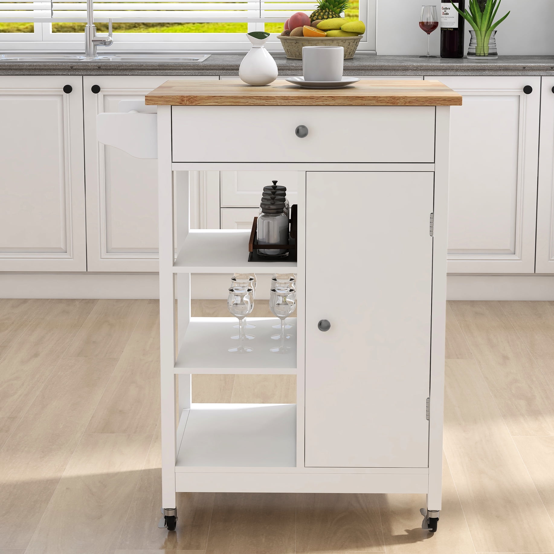 White Kitchen Trolley With Build And Adjustable Shelves Towel Rack ...