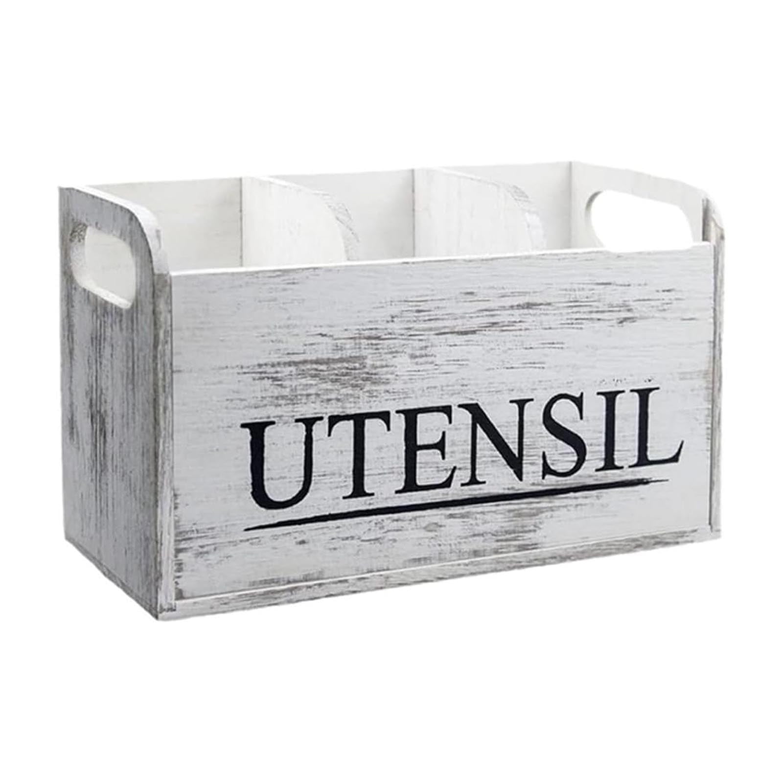 White Kitchen Utensil Holder Wooden Countertop Utensil Organizer With 3 ...