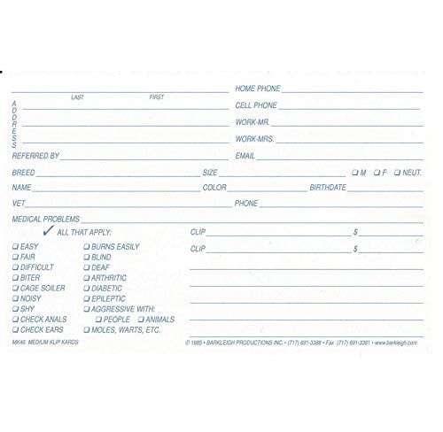 White Klip Kards Dog Grooming Kennel Card Chart Pet Info Checklist 4 x ...