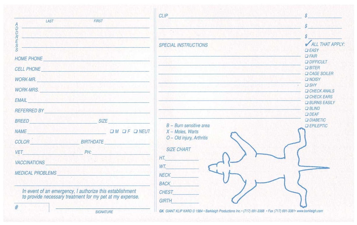 White Klip Kards Dog Grooming Kennel Card Diagram Info Checklist 5 x 8 ...