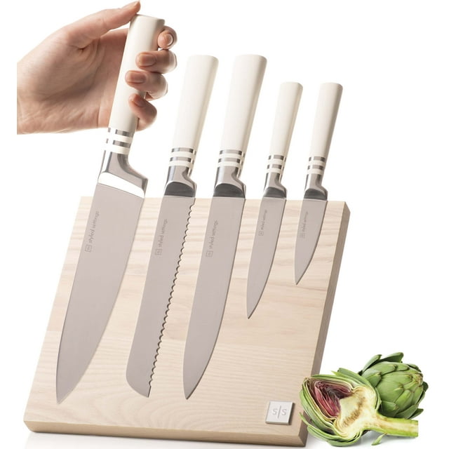 White Knife Set with Magnetic Knife Holder Stand - 6 PC White Magnetic ...