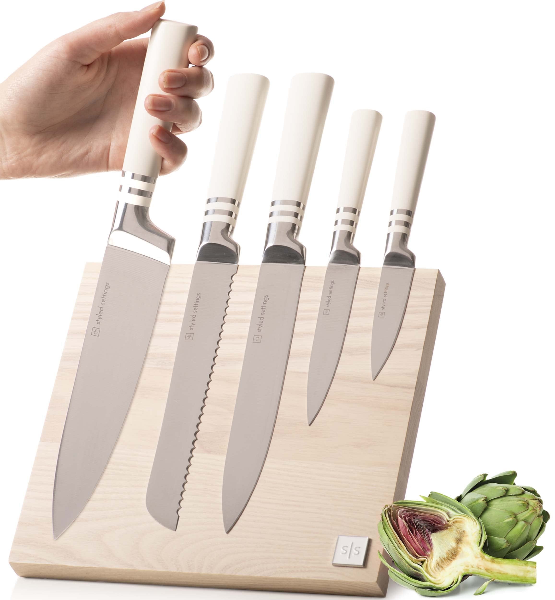 White Knife Set with Magnetic Knife Holder Stand - 6 PC White Magnetic ...