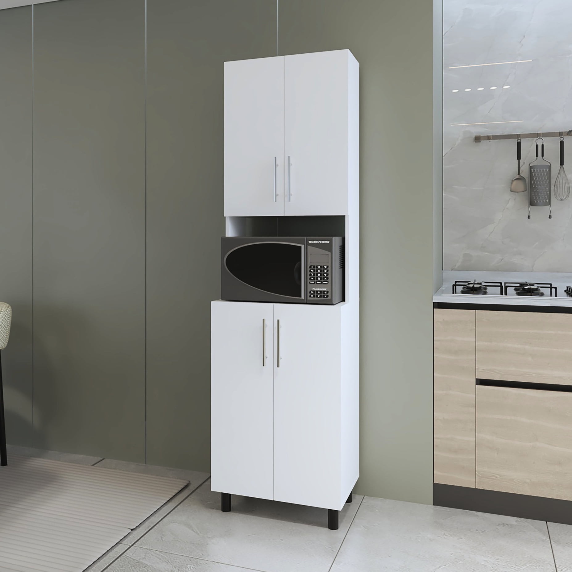 White Ko Kitchen Pantry With Double Cabinets And Versatile Open Storage ...