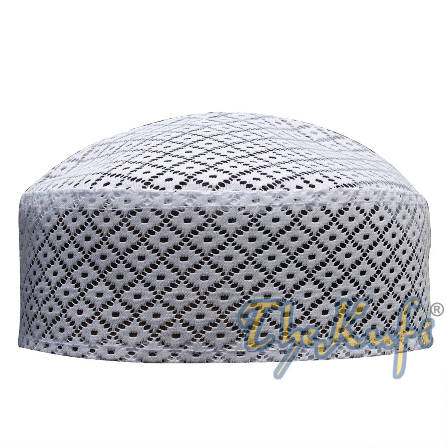 White Kufi Hat – Stiffened Mesh Lace Open-Work Crosshatch Diamond ...