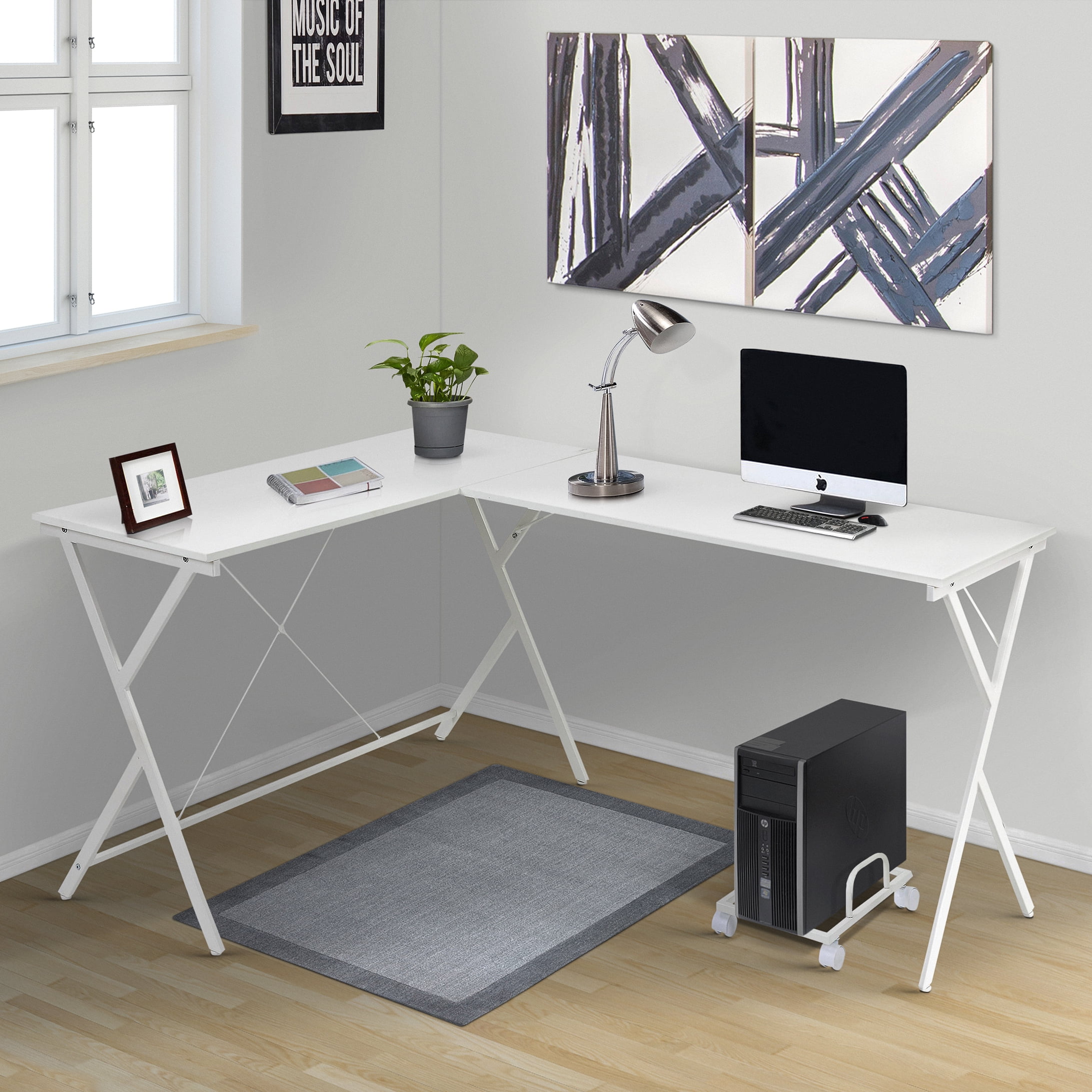White L-Shaped Computer Desk with CPU Holder for Small Spaces - Dual ...