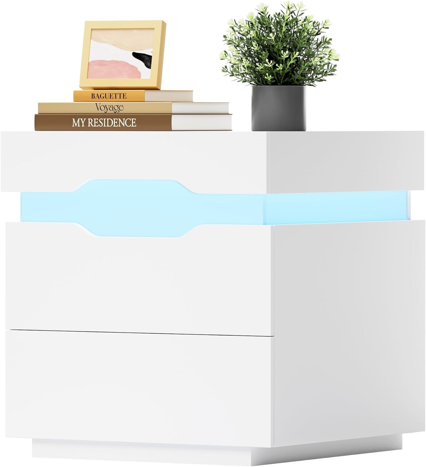 White LED Bedside Nightstand with Charging Station, Sliding Top End ...