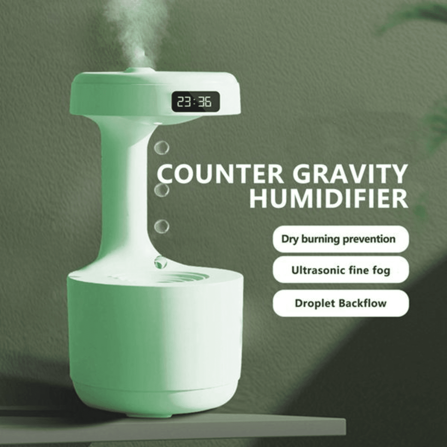 White with LED Clock Anti Gravity Water Drop Humidifier Aromatherapy ...
