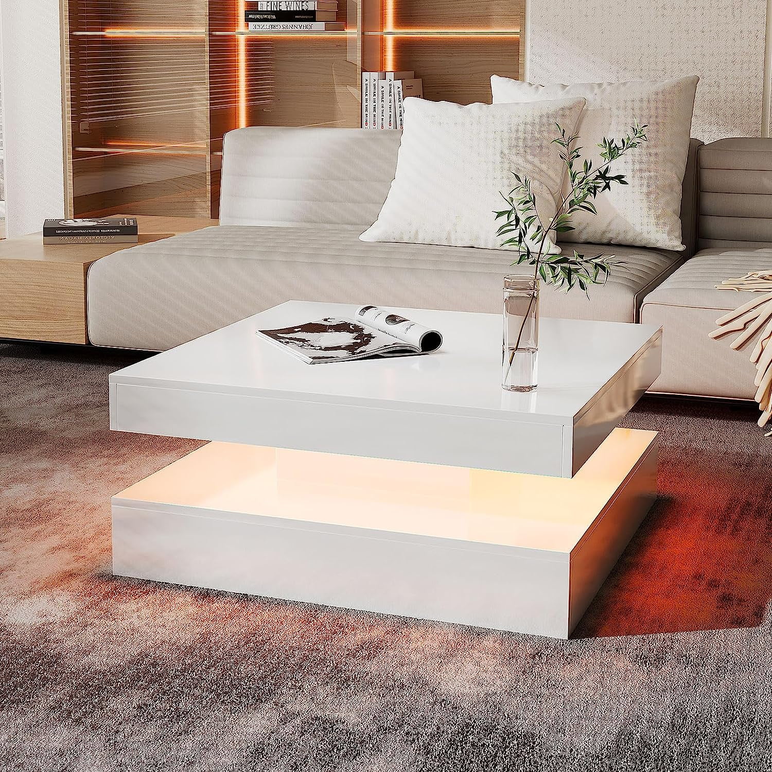 White LED Coffee Table for Living Room, Wood Square 2-Tier Storage ...