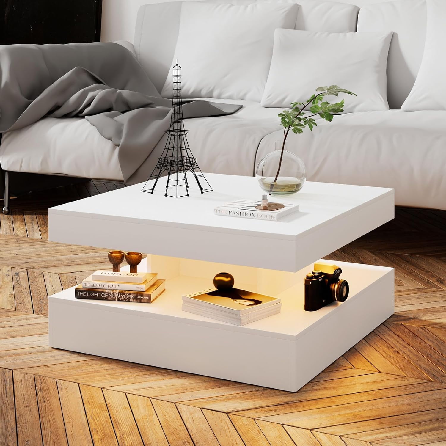 White LED Coffee Table with Storage for Living Room Modern Smart Tall ...