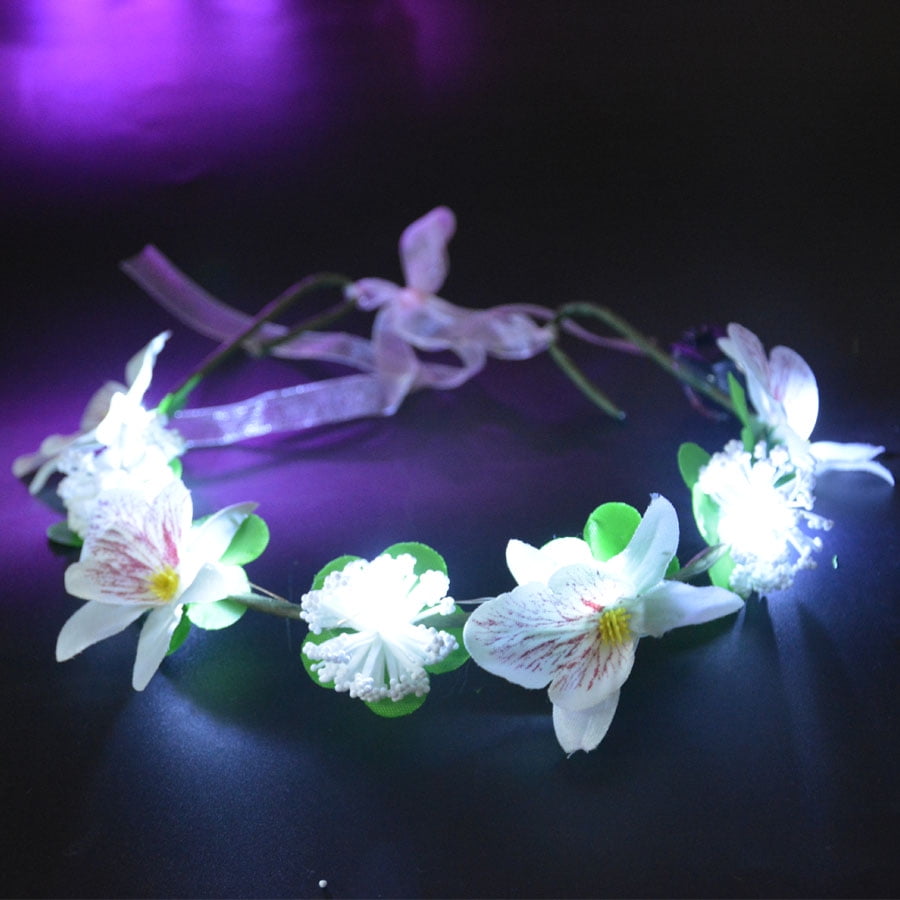 White LED Flower Girl Wreath Blinking Headband Light Hair Garland Glow ...