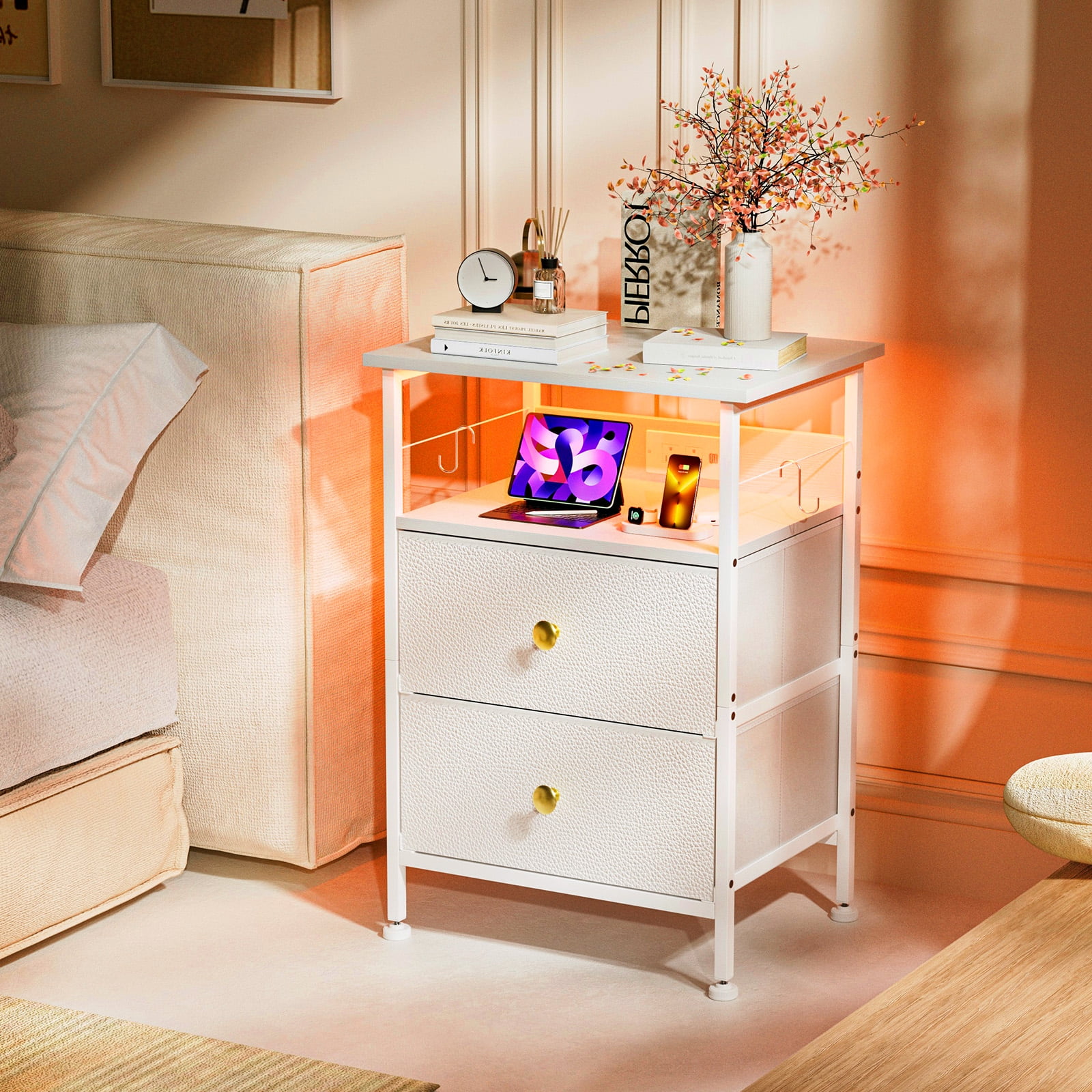 White LED Nightstand with Charging Station, 2-Drawer Bed Stand & End ...