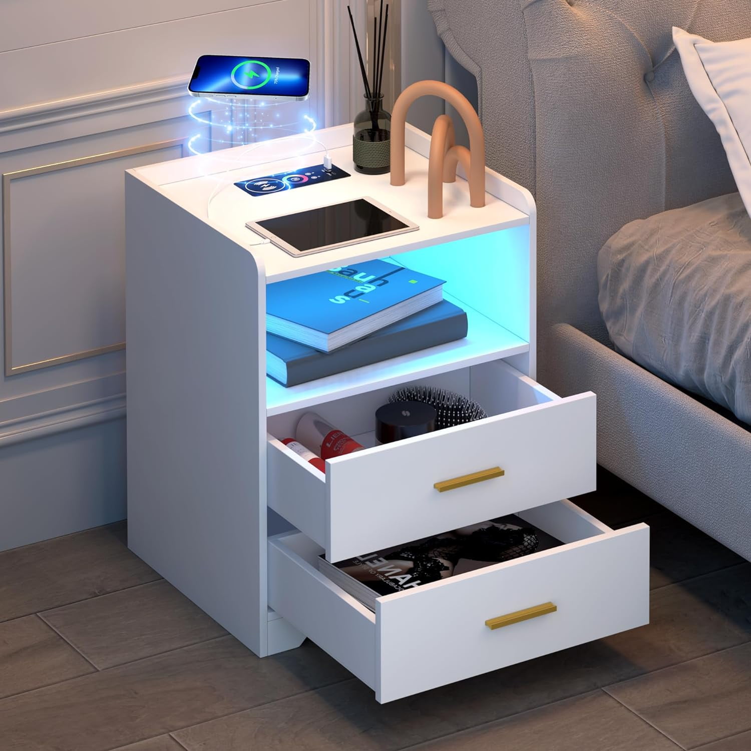 White LED Nightstand with Charging Station and 24-Color RGB Lights ...
