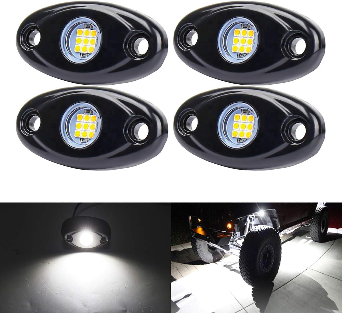 White LED Rock Lights, 4 Pods Neon 12V Waterproof Underglow Underbody ...