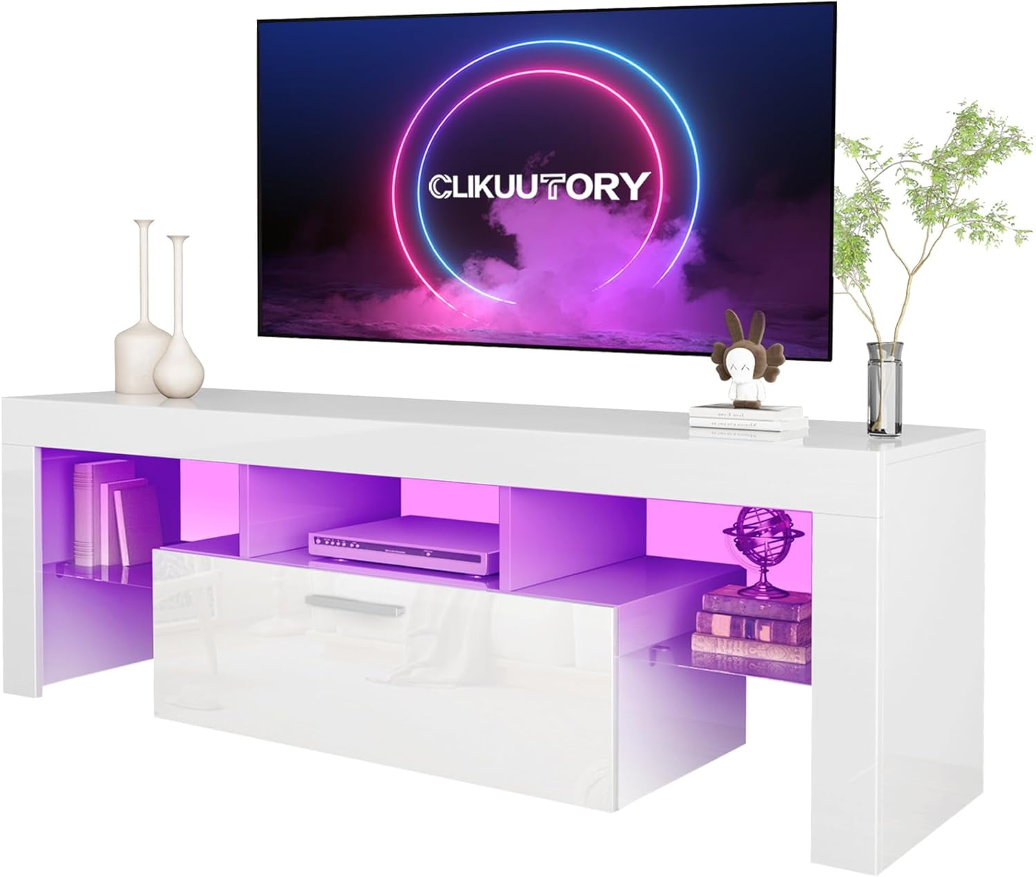 White LED TV Stand with Large Storage Drawer for 32 40 50 55 Inch TVs ...