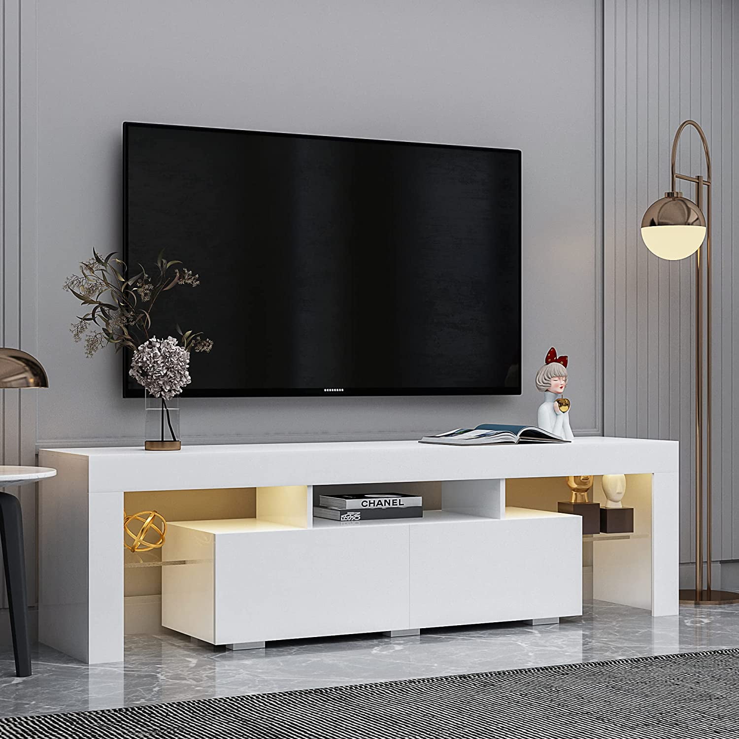 White LED TV Stand, Modern Entertainment Center for 65 Inch TV with 2 ...