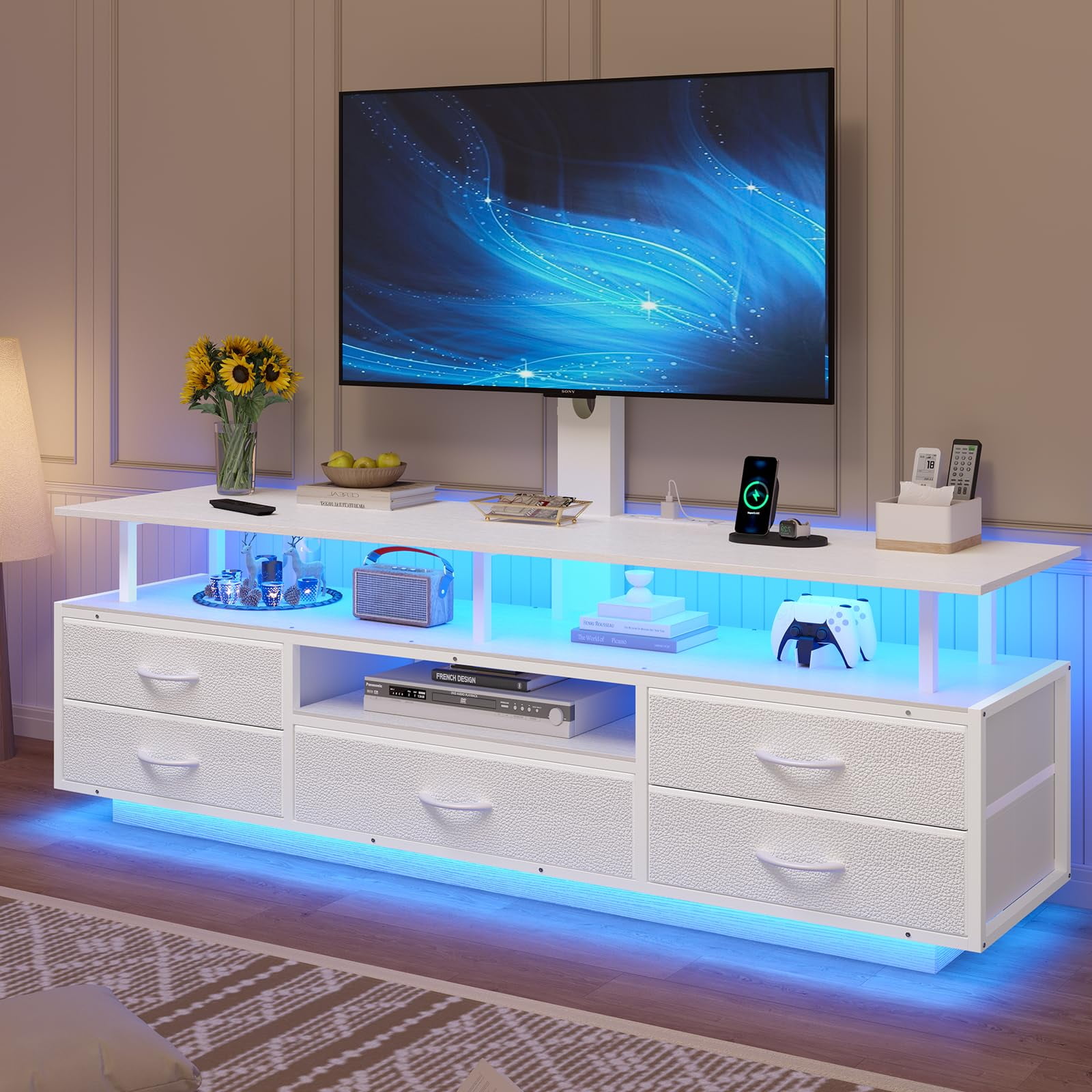 White LED TV Stand with Mount,51.2" LED TV Stand with Power Outlets ...
