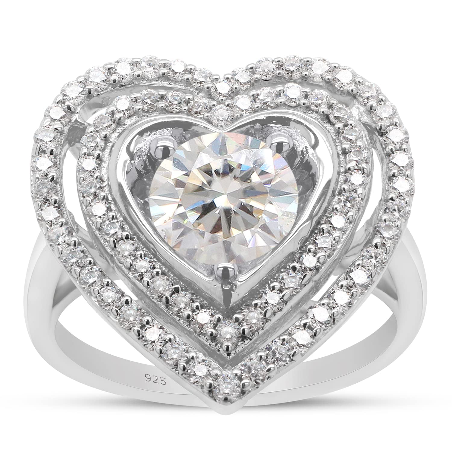 White Lab Created Moissanite Diamond Heart Double Halo Engagement ...