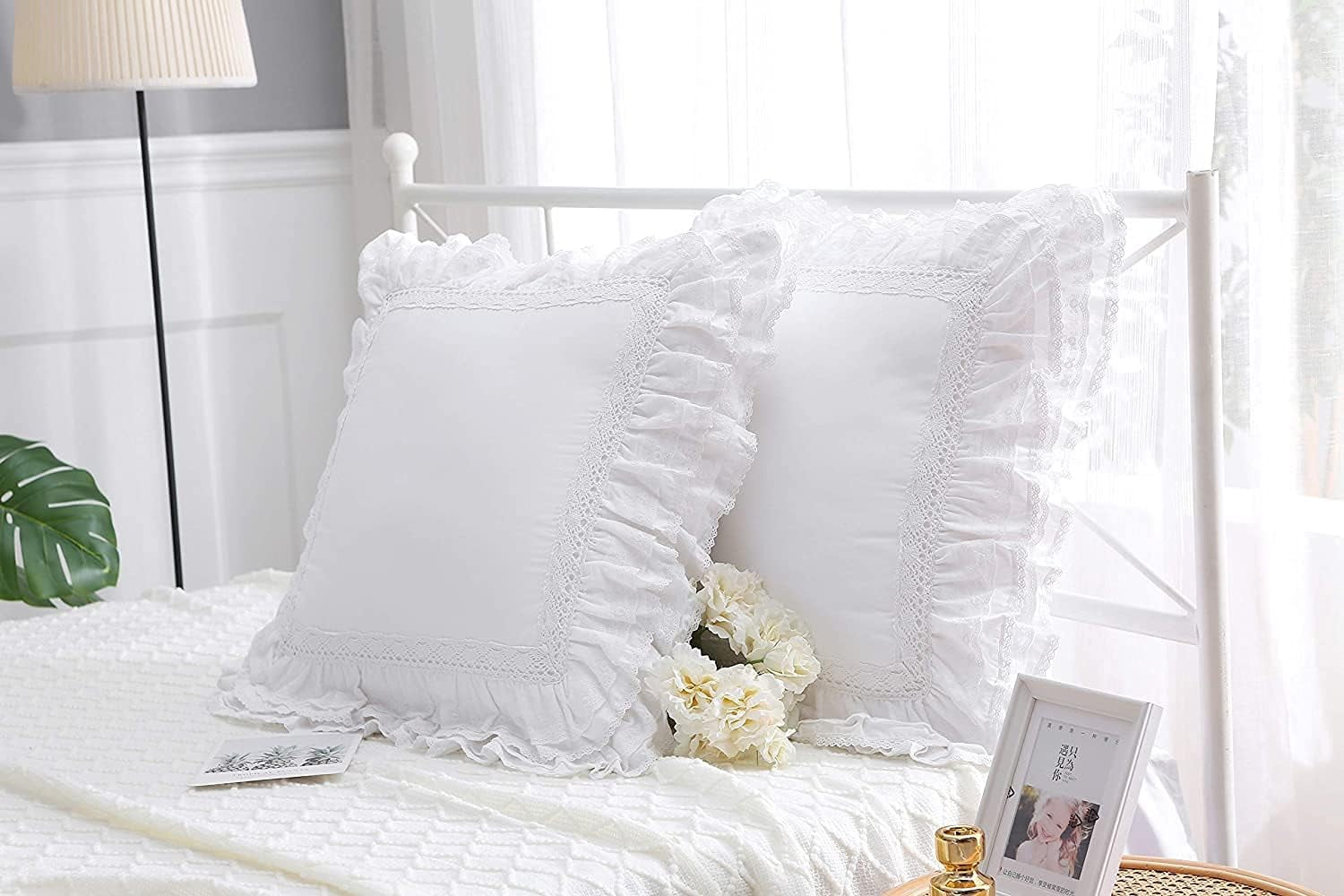 White Lace Euro Shams Pillow Covers with Ruffles 20"X20" Cotton Zipper ...