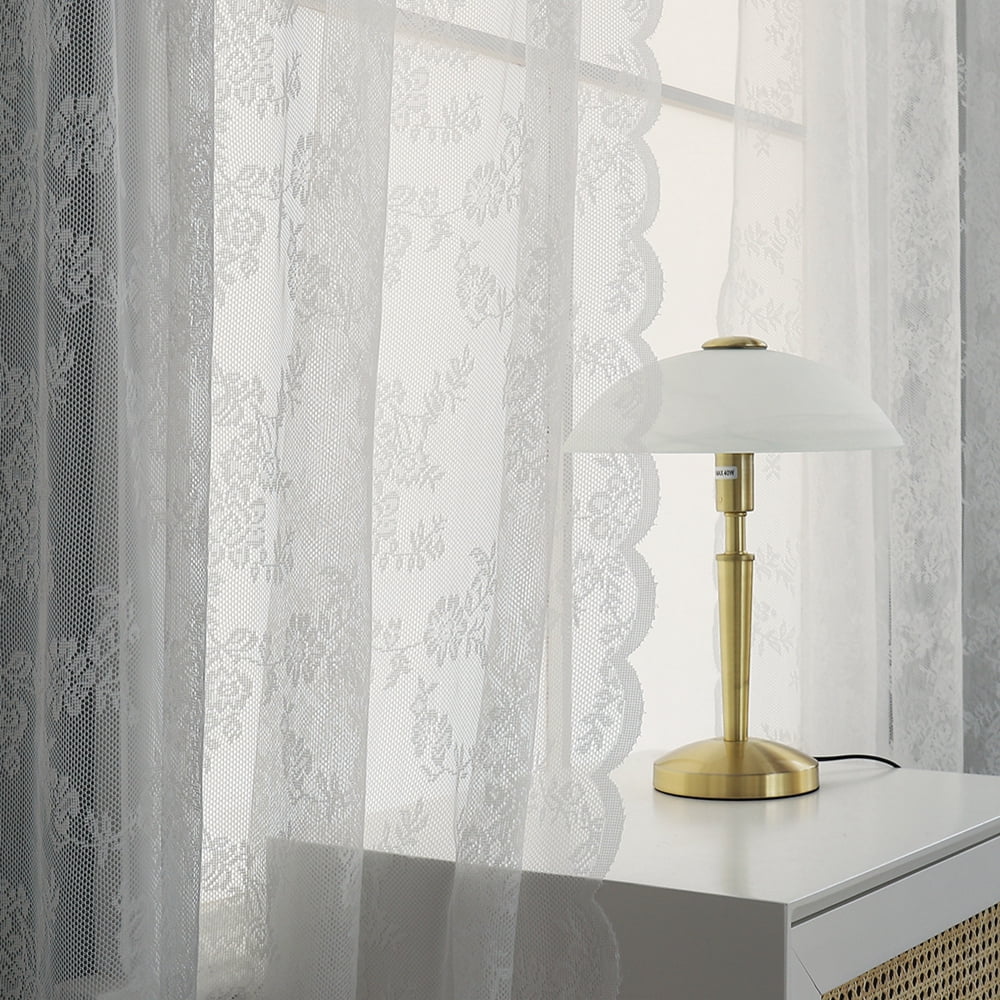 White Lace Panel Curtains Sheer Floral Pattern for Bedroom, Rod Pocket ...