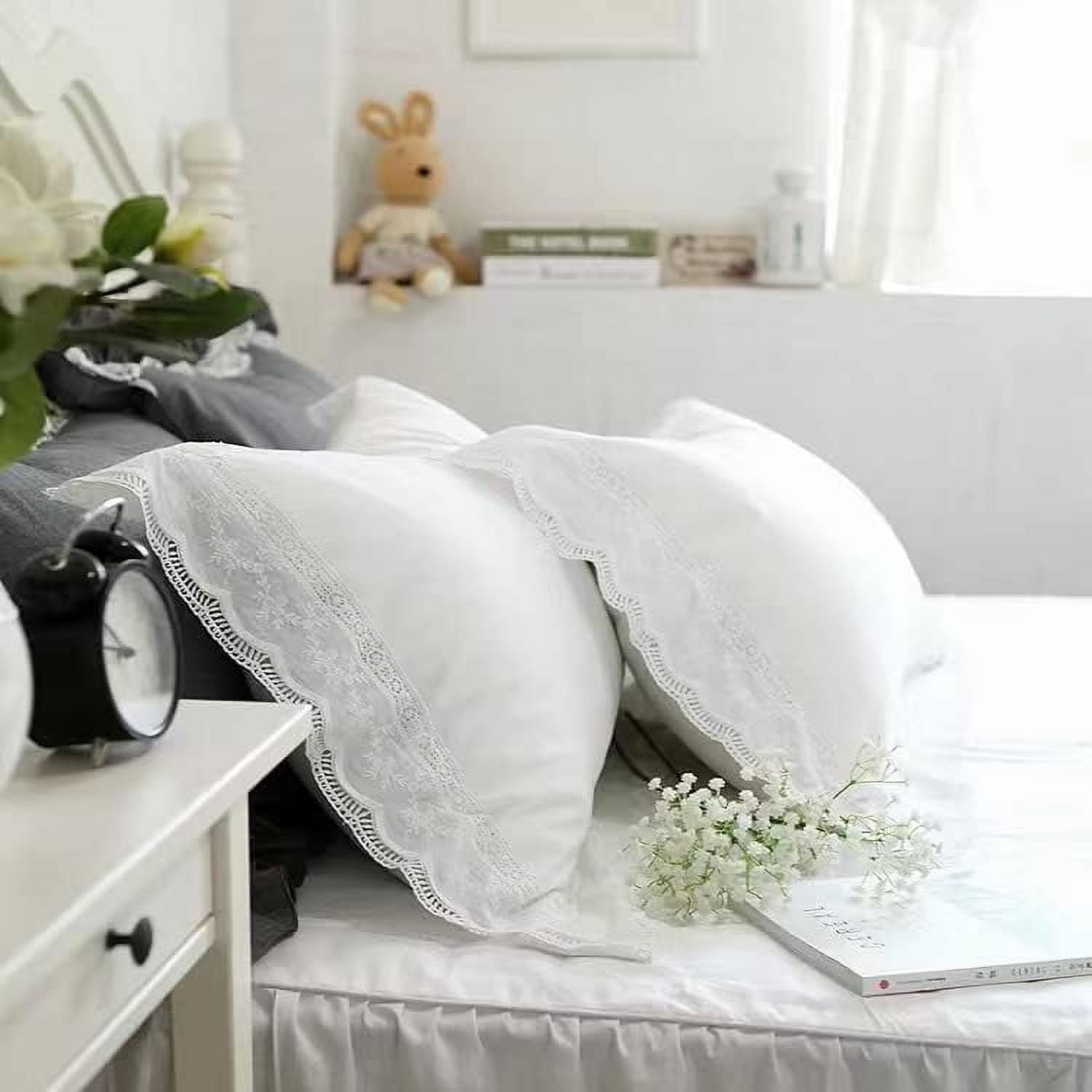 White Lace Pillow Shams Queen Size Pillowcases Cotton French Country Shabby Chic Style 2 Pieces ...
