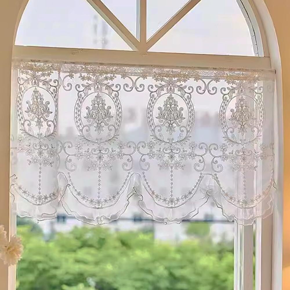 White Lace Ruffled Curtain Valance Vintage Floral Embroidered Short ...