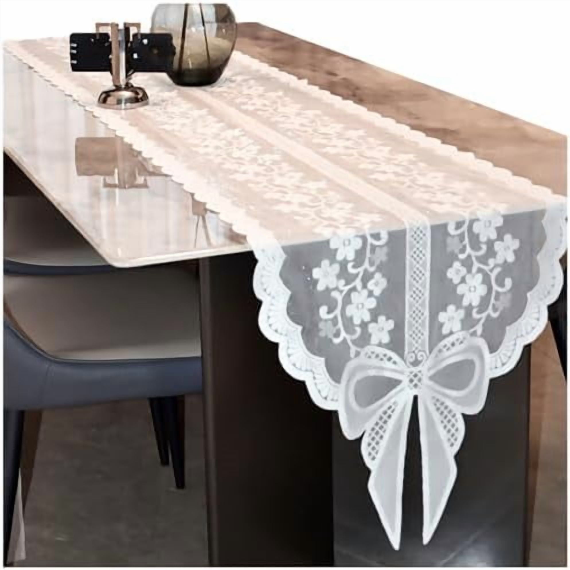 White Lace Table Runner with Bow Tie End Macrame Vintage Flower Table ...
