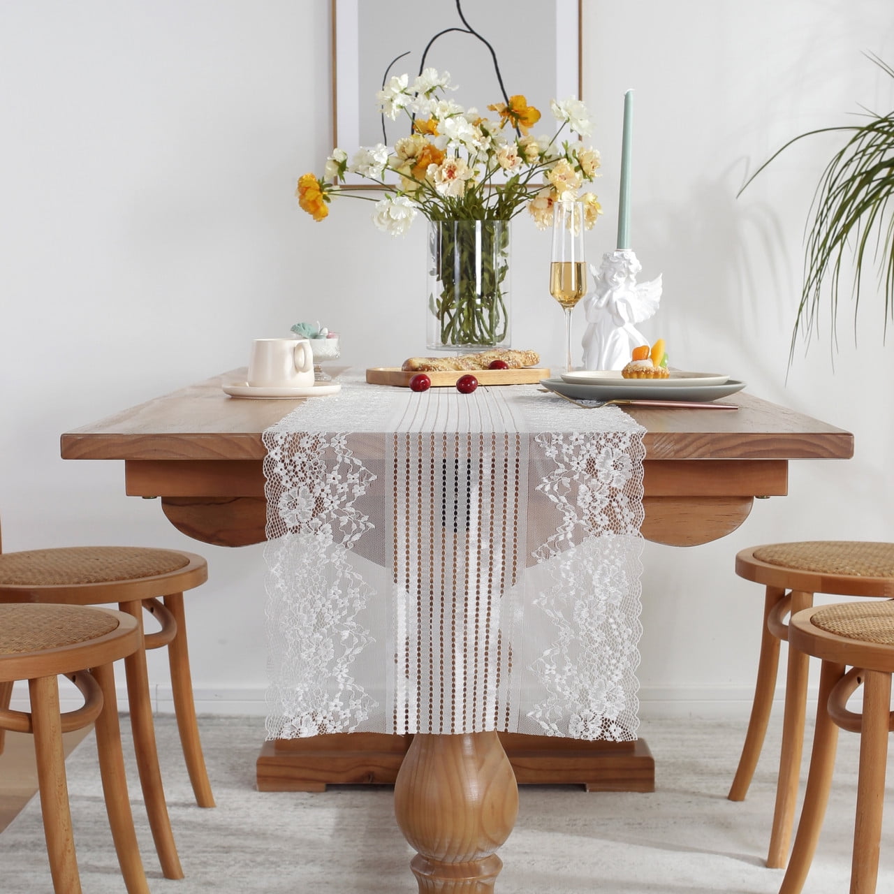 White Lace Table Runner Farmhouse Table Runner with Handmade Fringed ...