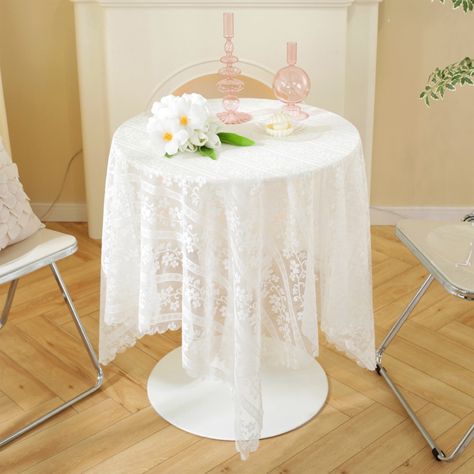 White Lace Tablecloth | Embroidered Sheer Round Table Cover with Non ...
