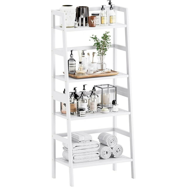 White Ladder Bookshelf, Leaning Bookcase, 4-Tier Bamboo Shelf, Floor ...