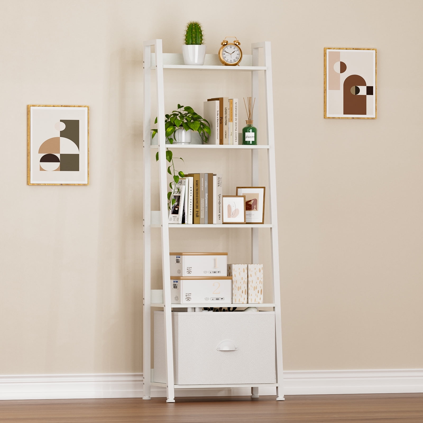White Ladder Shelf, 5-Tier Upgraded Elevated Wood Ladder Bookshelf with ...