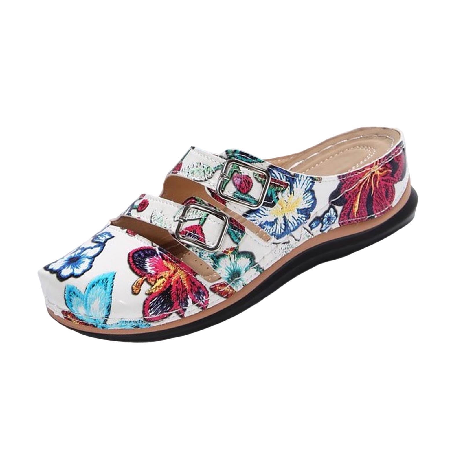 White Ladies Casual Versatile Flower Pattern Wedge Slides Spring Summer ...