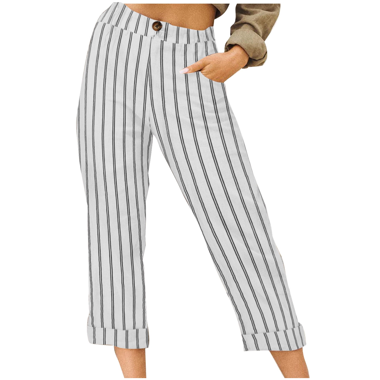 White Ladies Loose Fit Pants for Women Faux Linen Brunch Capri High Cut ...