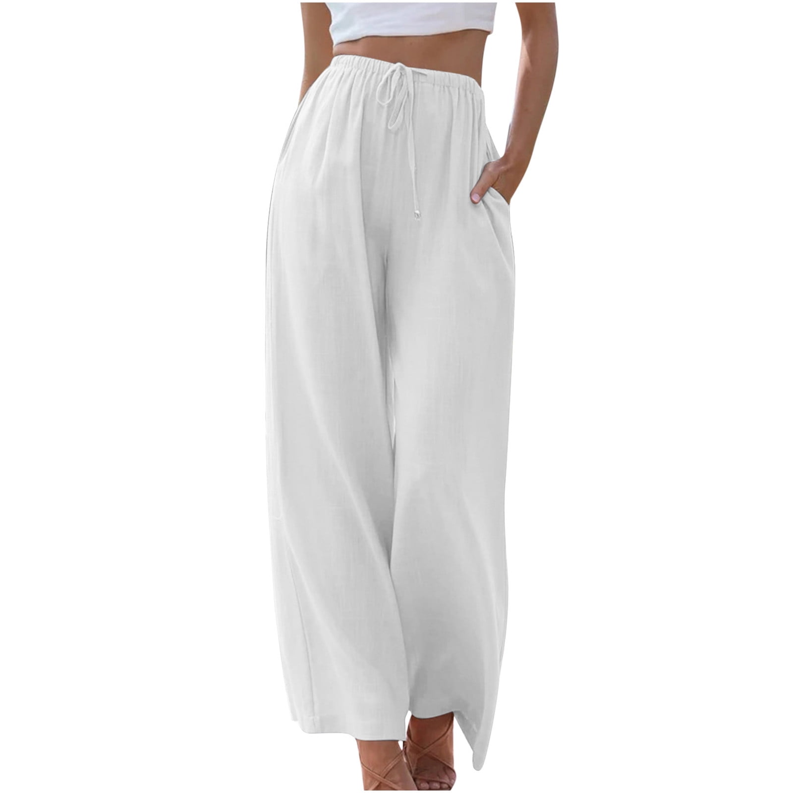 White Ladies Loose Fit Trousers Pants for Women Faux Gauze Linen Brunch Flare Bell Bottom ...