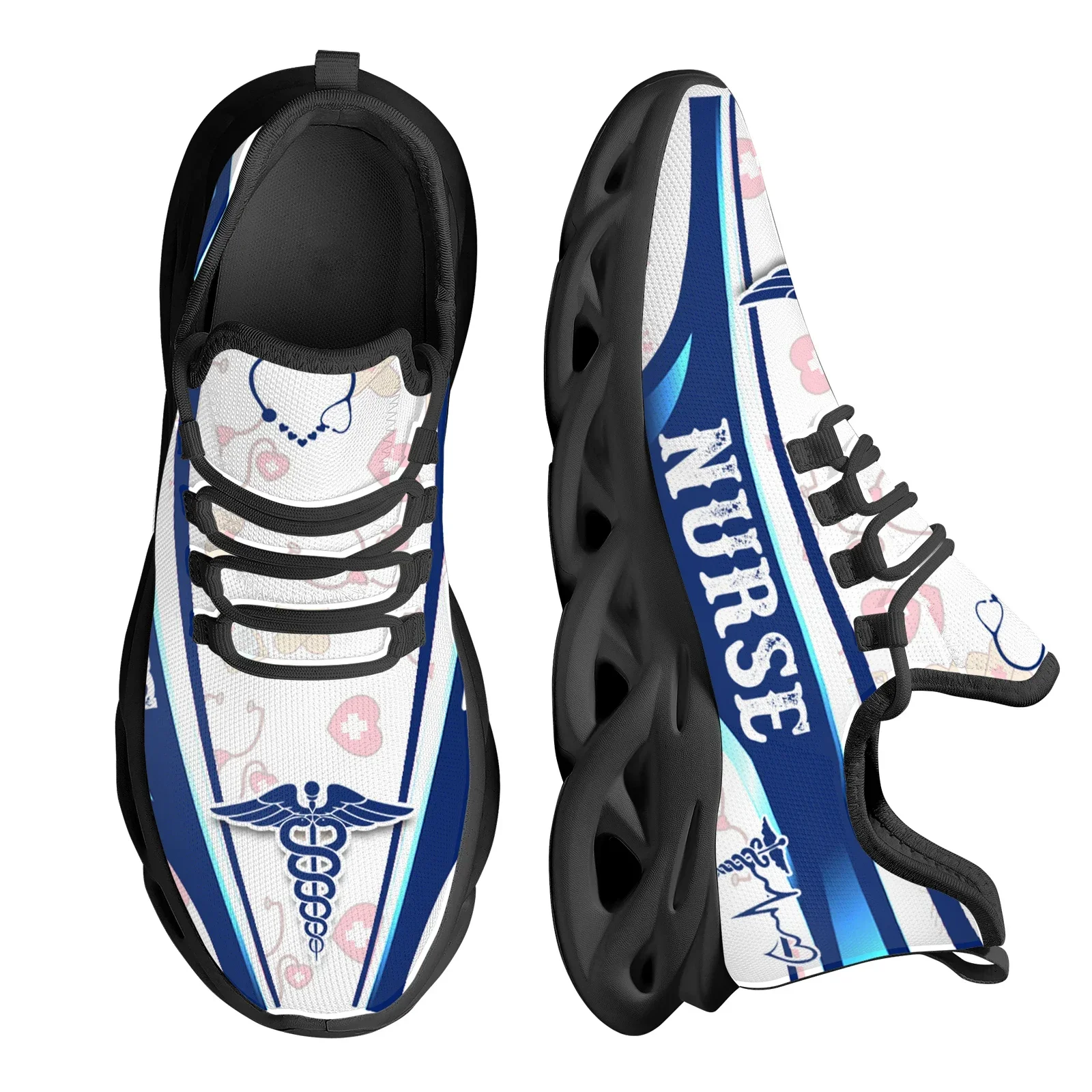 White Ladies Nurse Print Summer Knit Platform Shoes Lightweight And Breathable Lace-up Blade ...