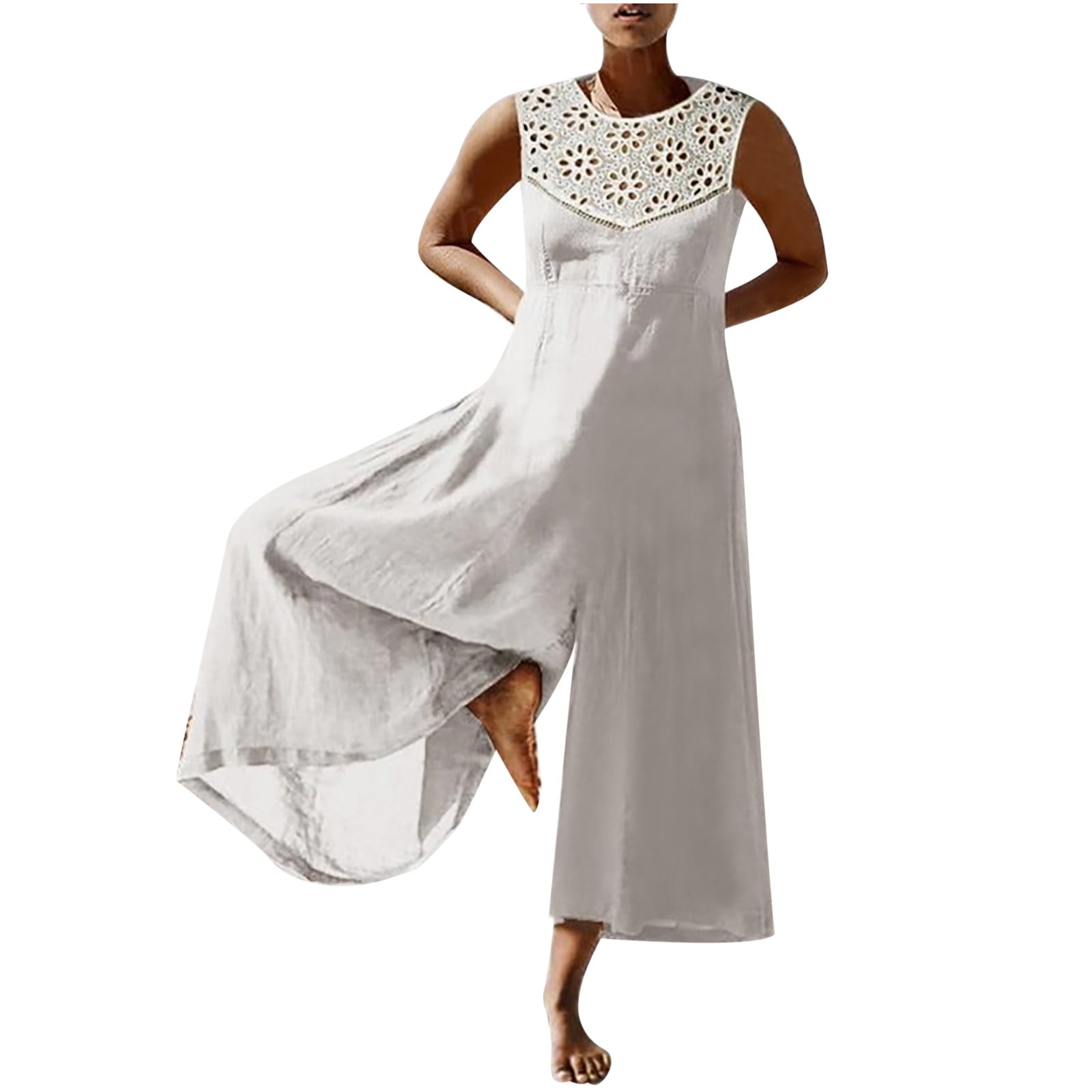 White Ladies Thin Flared Wide Leg Trousers Pants Loose Fit Bib Pants ...