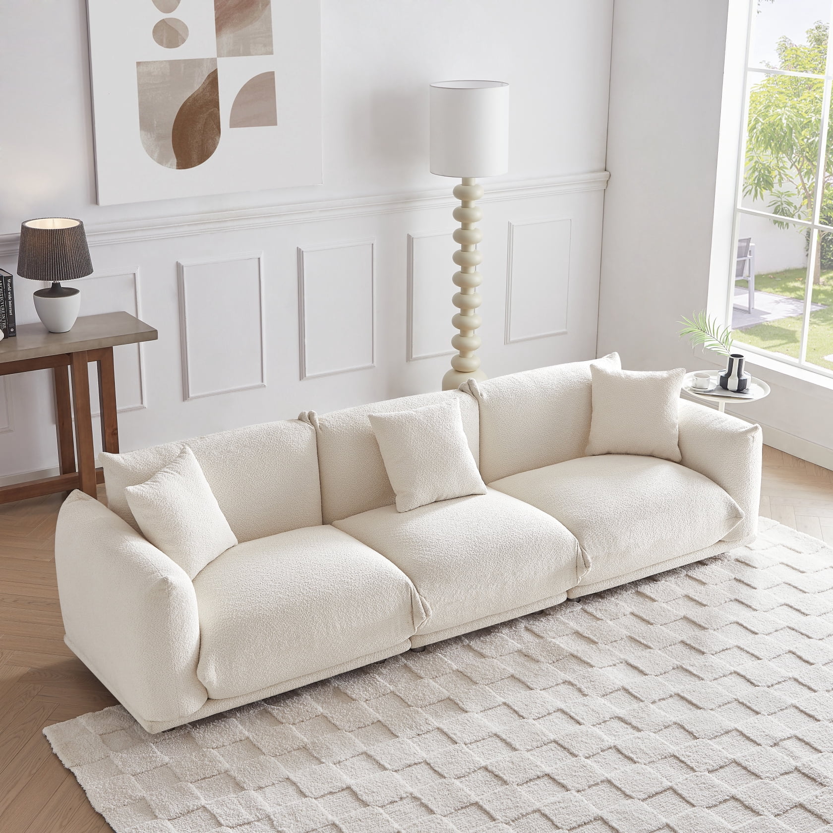 White Lambswool Sherpa 4-Seater Sofa with Metal Legs & Solid Wood Frame ...