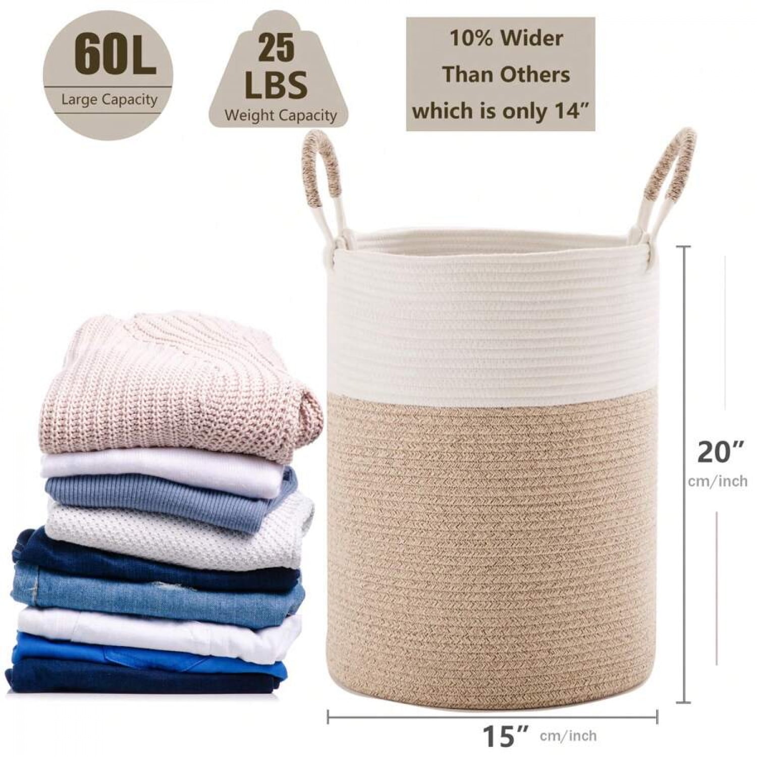White Laundry Basket Woven Rope Hamper,Clothes Hamper, Blanket Basket ...