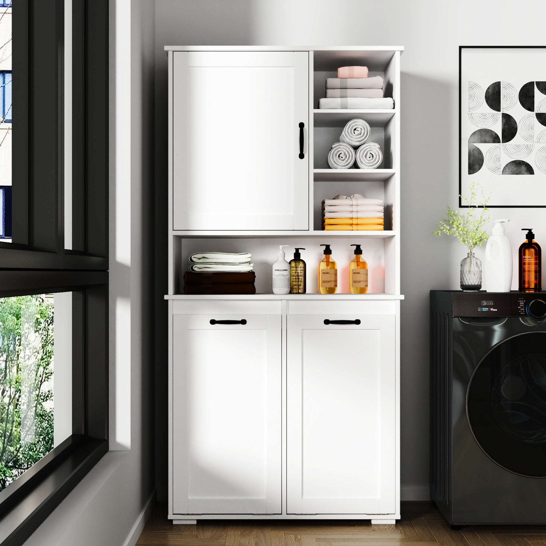 White Laundry Cabinet System | Four - layer Shelves and Two Hampers ...