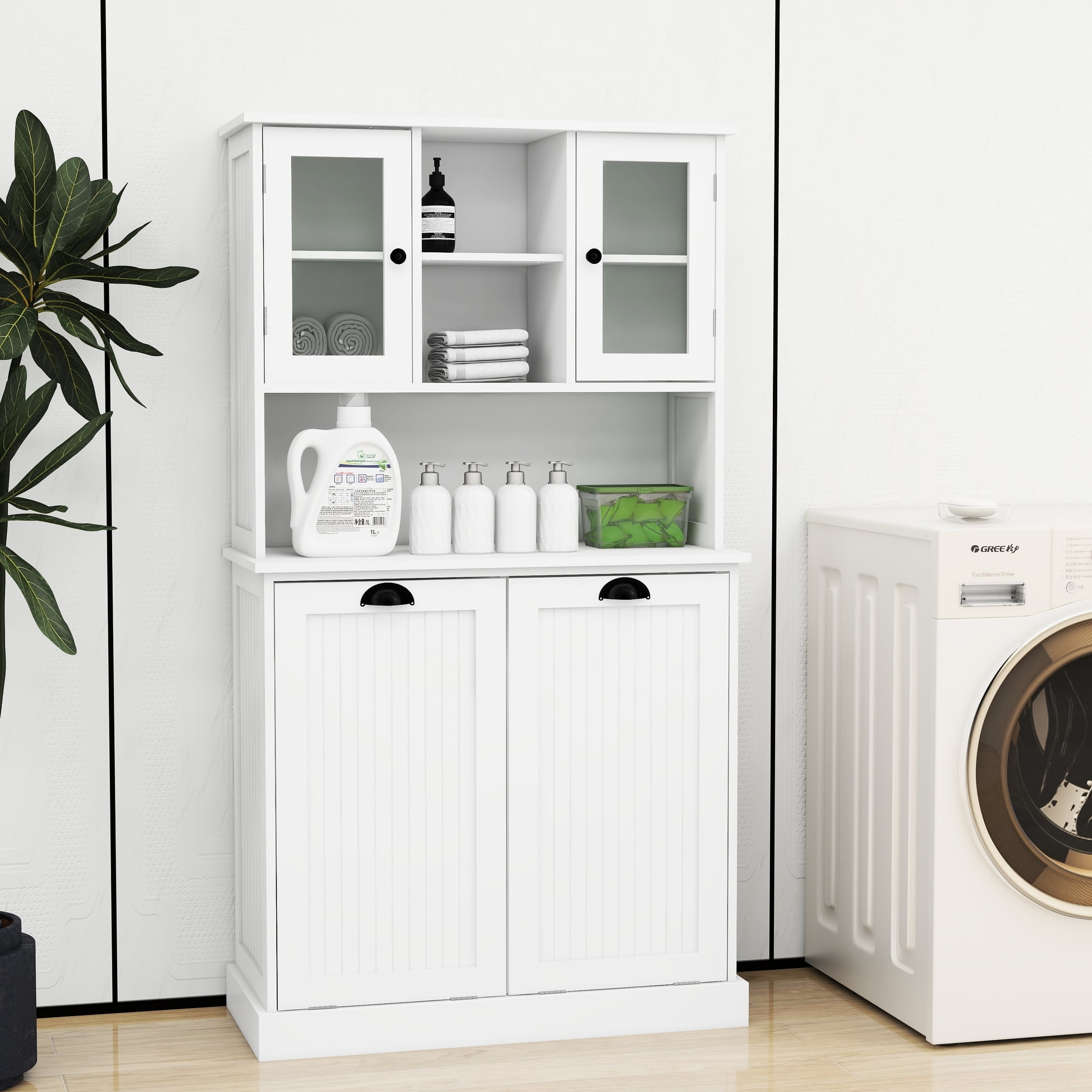 White Laundry Storage Cabinet With Adjustable Shelves And Efficient ...