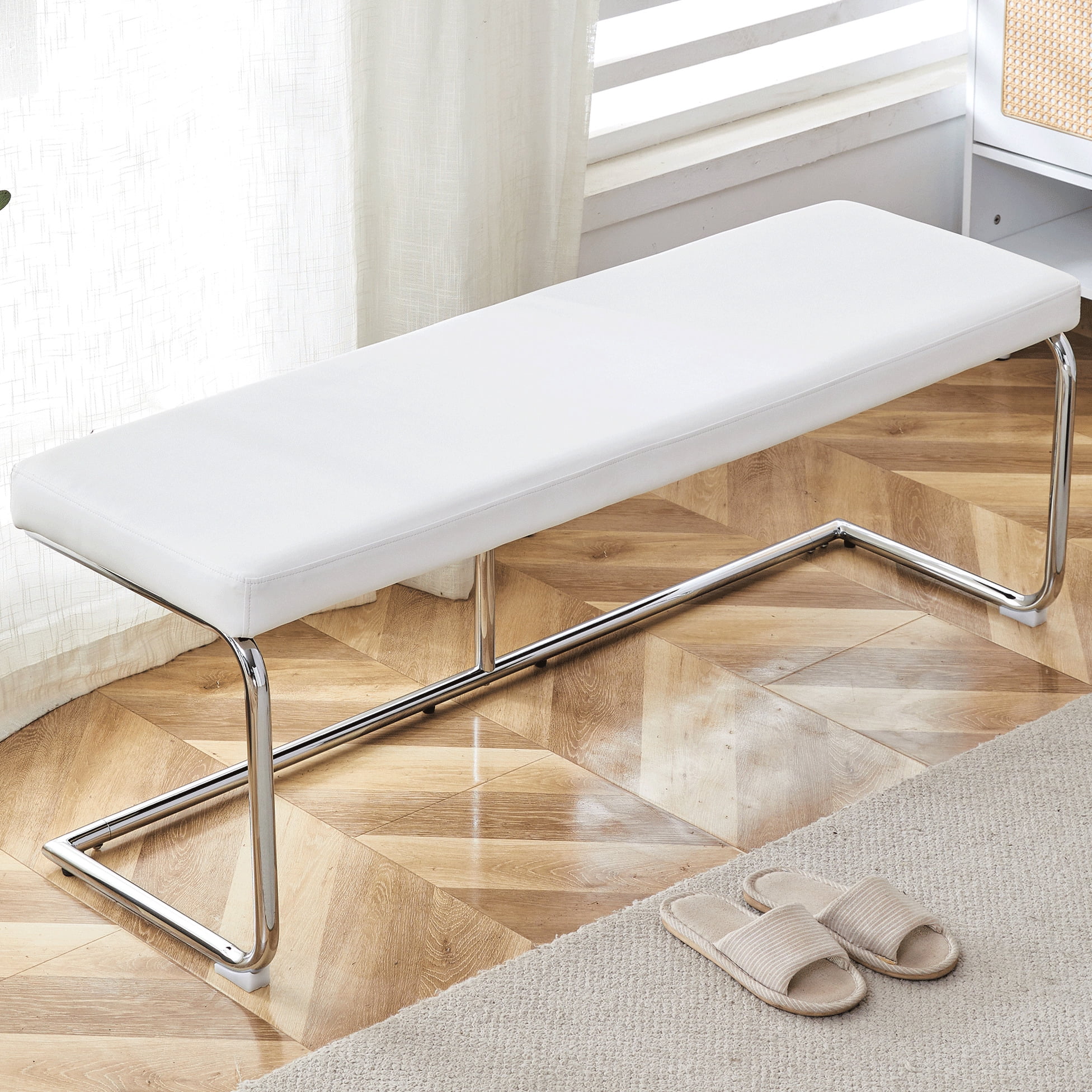 White Leather Dining Chair Bench With Silver Metal Legs - Fits Bedroom ...
