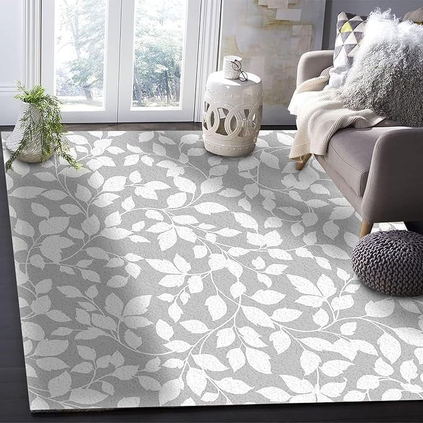 White Leaves Vine Area Rug, Simple Gray Texture Indoor Rugs, Soft ...