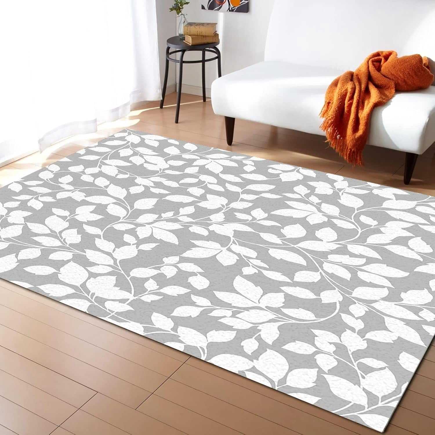 White Leaves Vine Silhouette Area Rugs, Simple Gray Texture Rug, Soft ...
