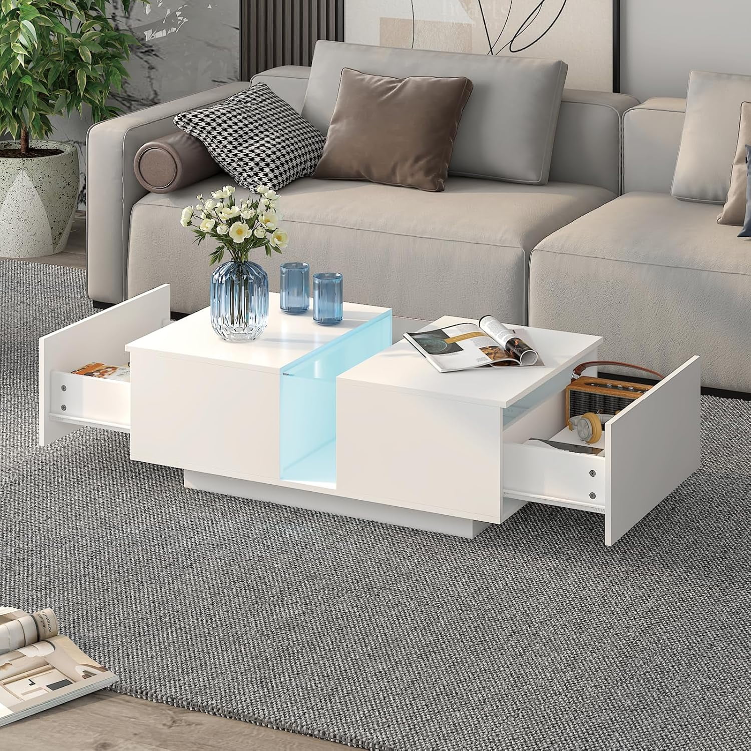 White Led Coffee Table for Living Room, Rectangular Living Room Table ...