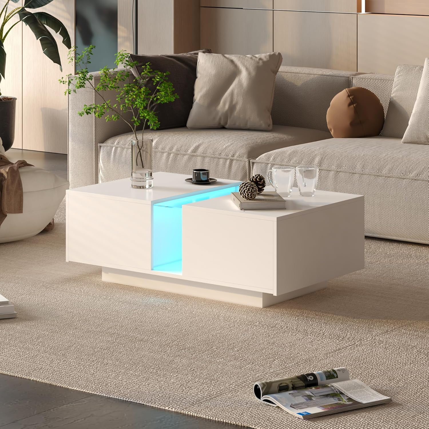 White Led Coffee Table for Living Room, Rectangular Living Room Table ...