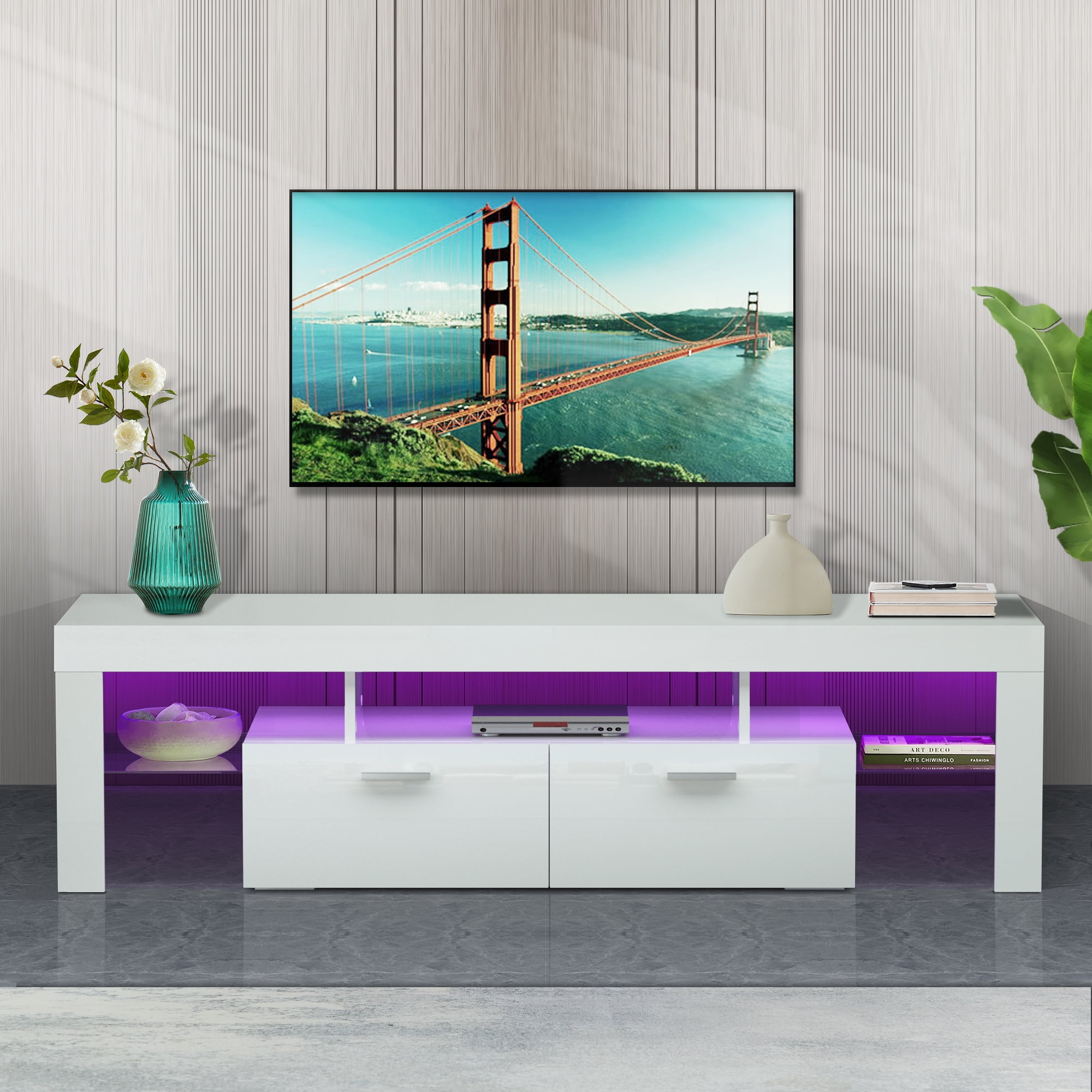 White Led TV Stand with Remote, SESSLIFE TV Cabinet for 70 inch, Living ...