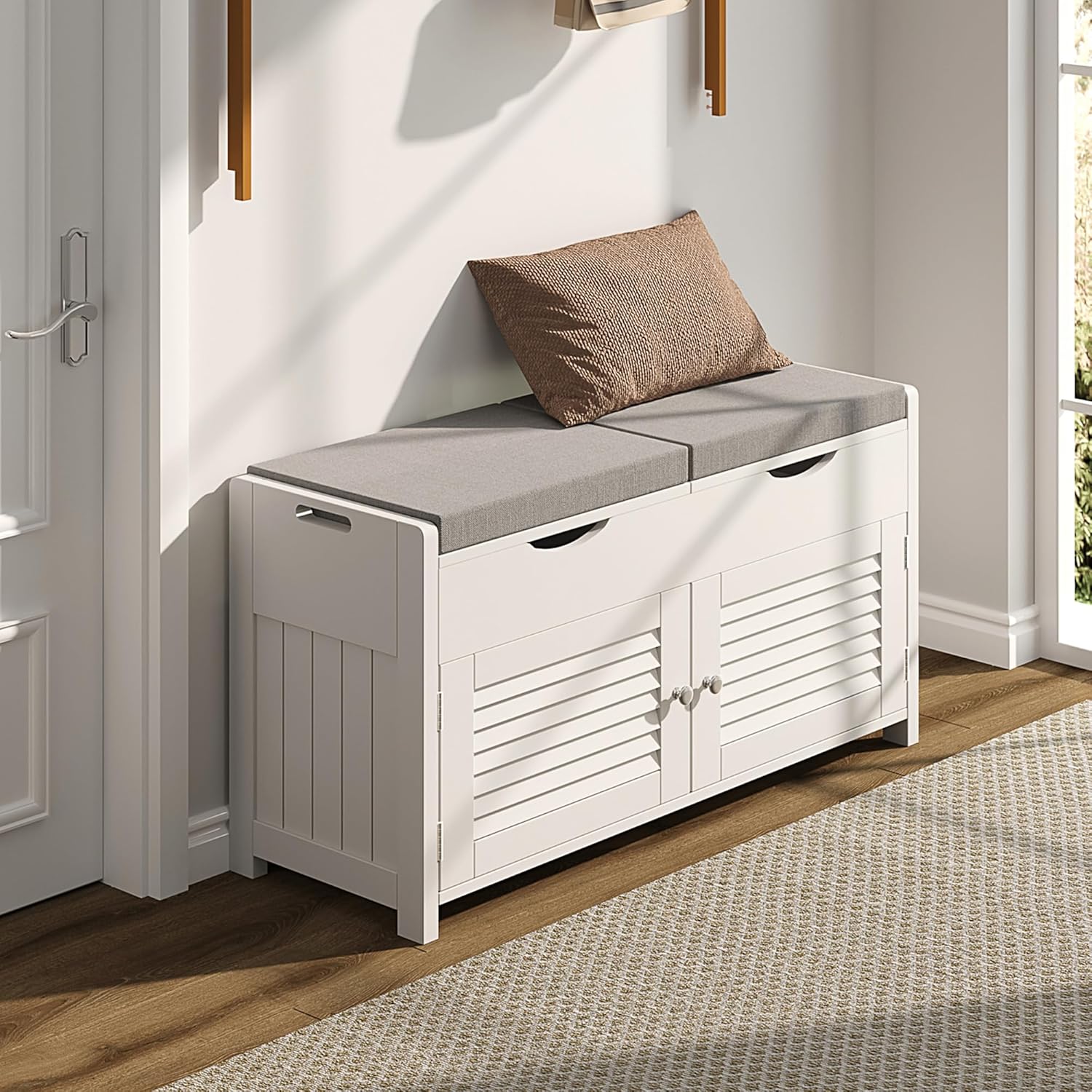 White Lift-Top Shoe Storage Bench - Dual Cushioned Seats with 3 ...