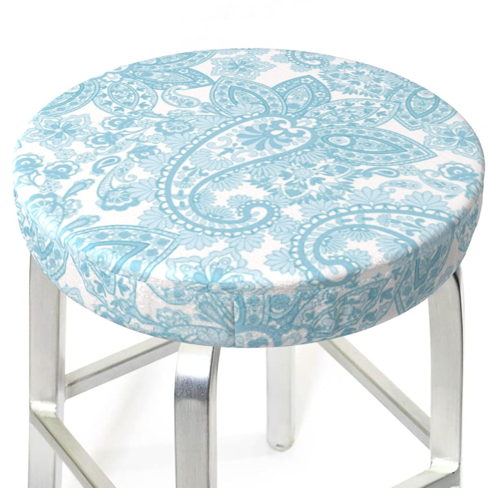 White Light Blue Paisley Bar Stool Covers - Stretch Round Seat Covers ...