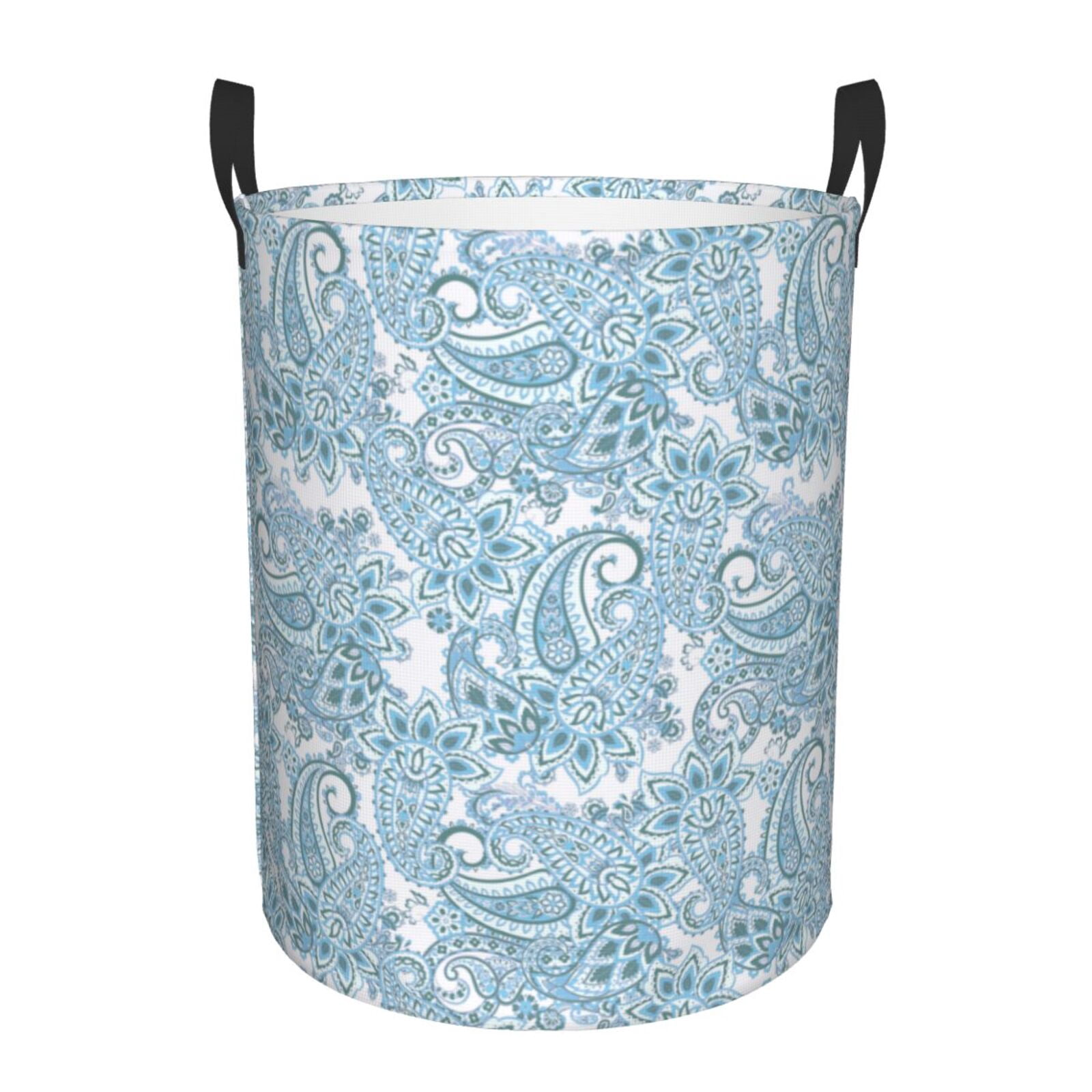 White Light Blue Paisley Pattern Round Laundry Basket, Laundry Hamper ...