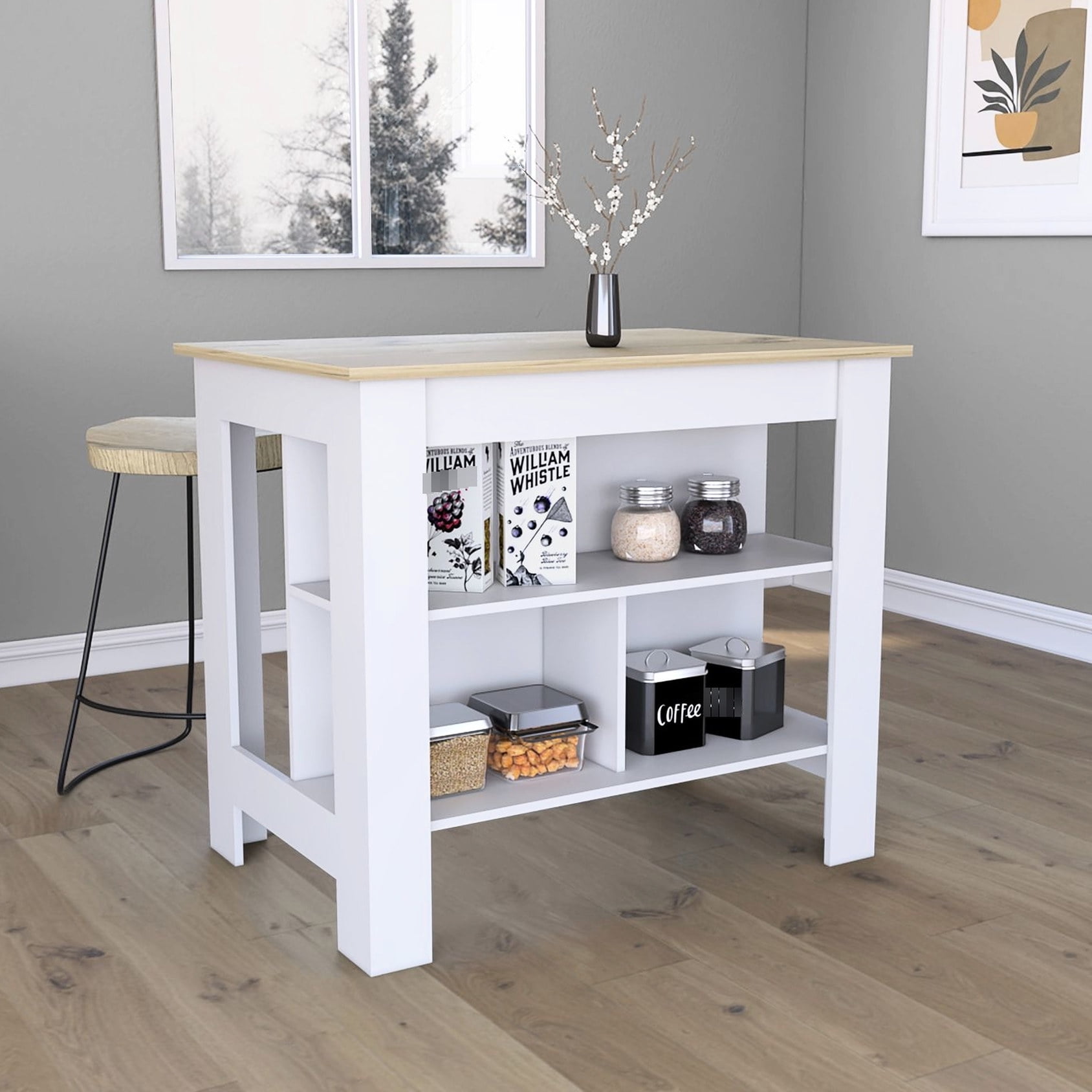 White/Light Oak Kitchen Table | Wide Surface for Meal Prep and Shelves ...