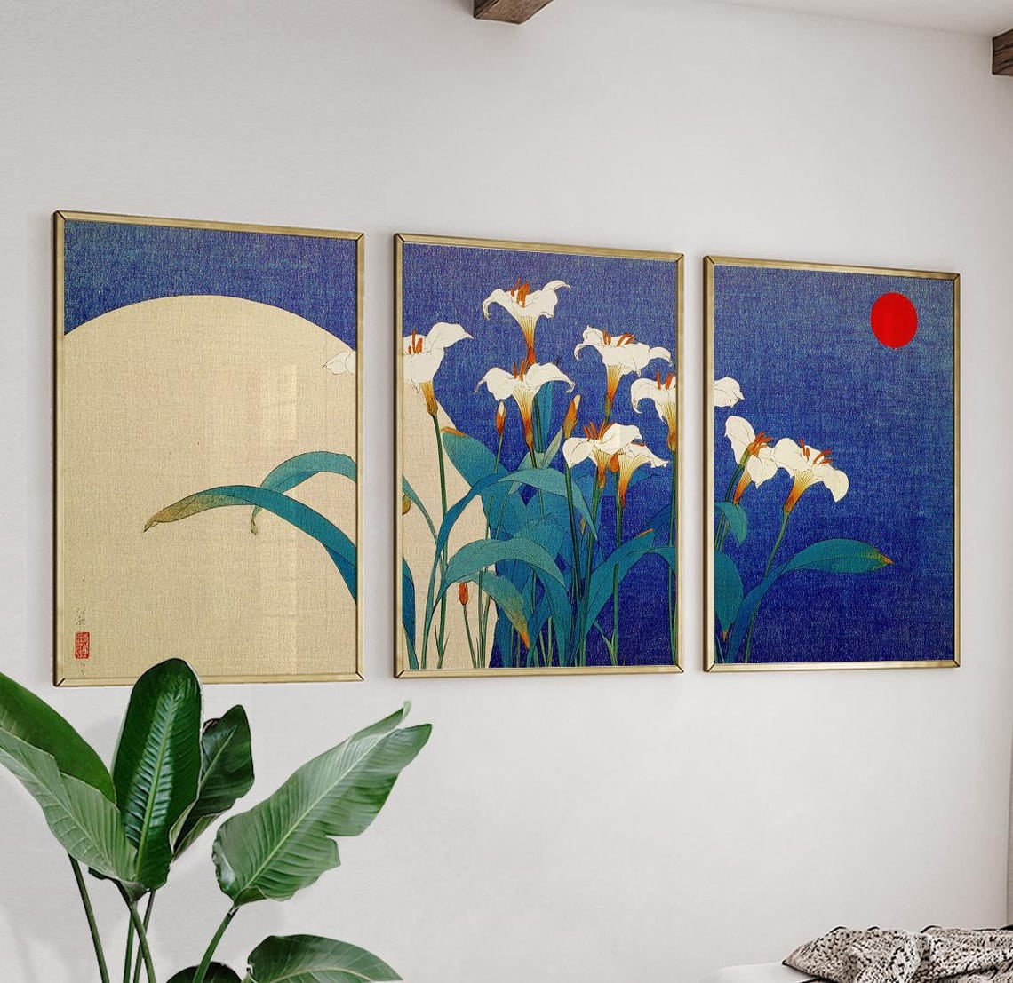 White Lilies Flowers Japanese Ink Prints Set 3 Unframed Paper Print ...